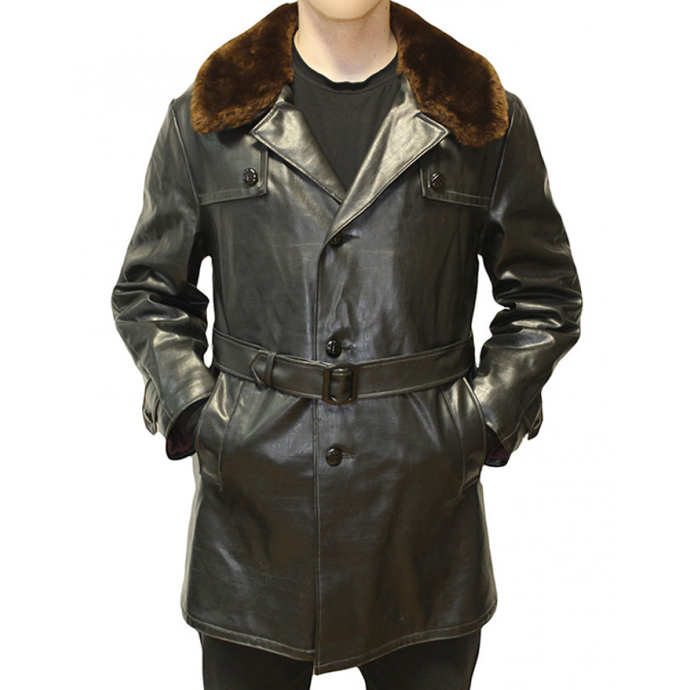 Soviet Generals black leather Russian overcoat with fur collar