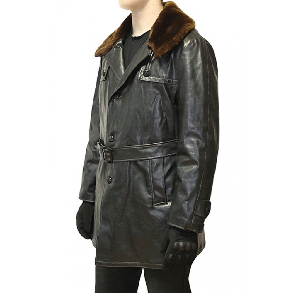Soviet Generals black leather Russian overcoat with fur collar