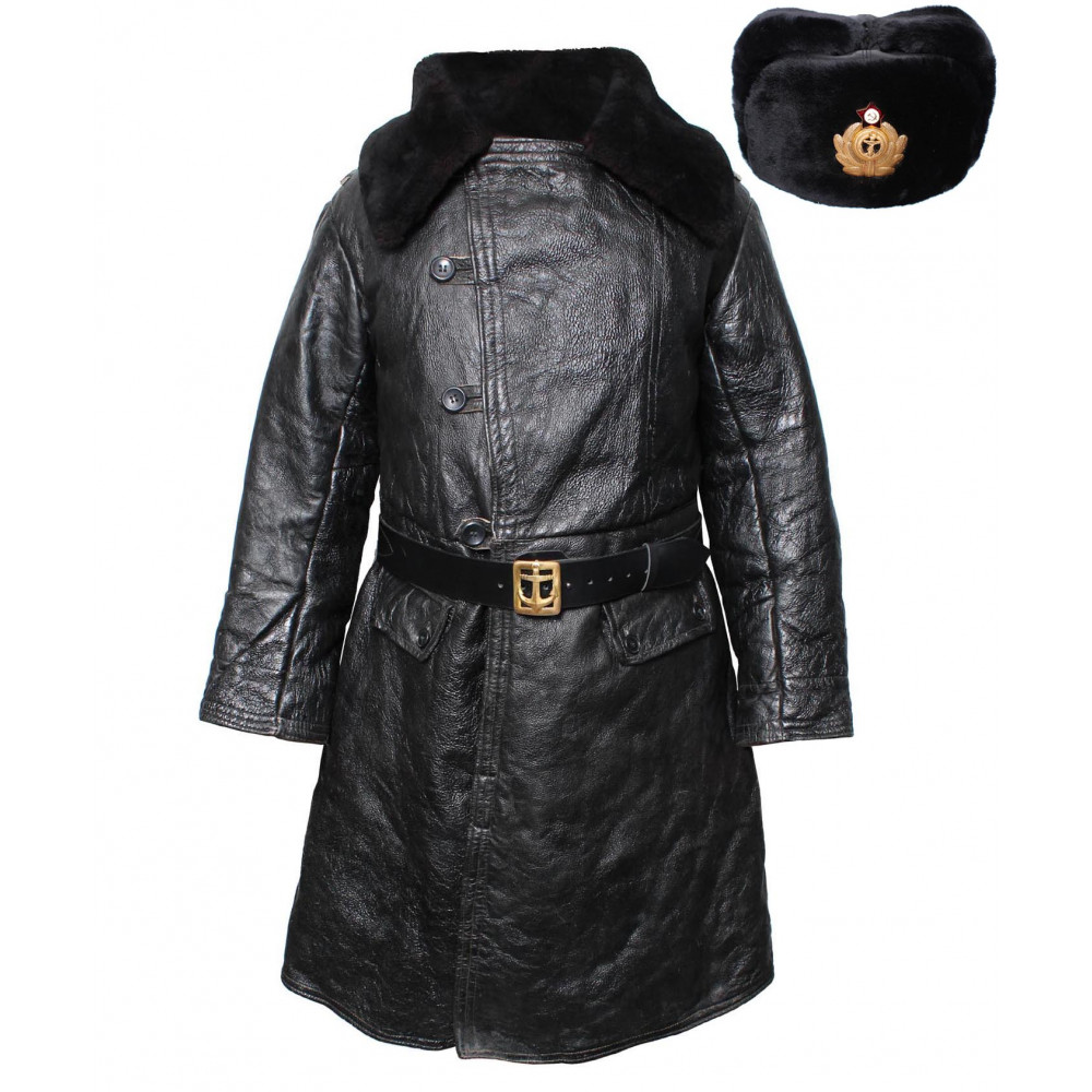 Black Bekesha Tulup Leather Sheepskin Coat Soviet Navy High Rank Officers