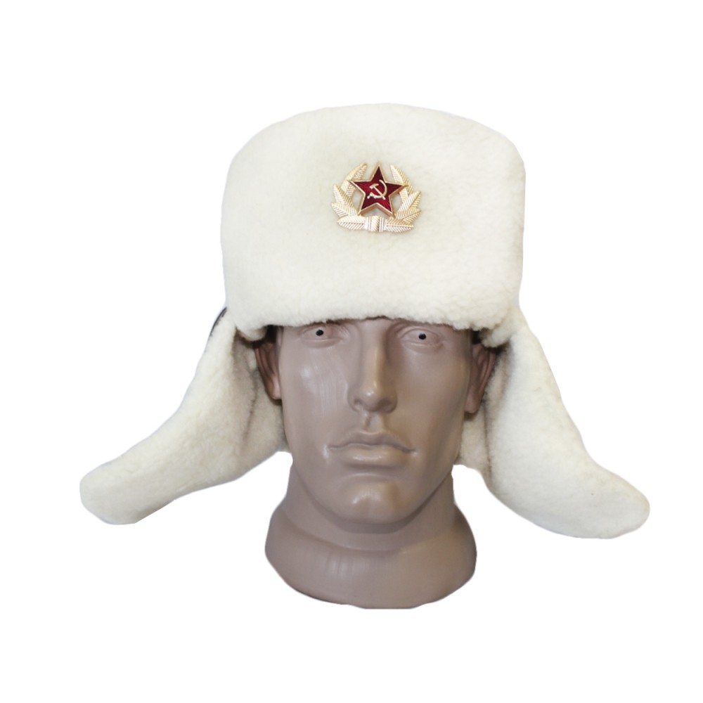 warm Leather hat USHANKA with white fur